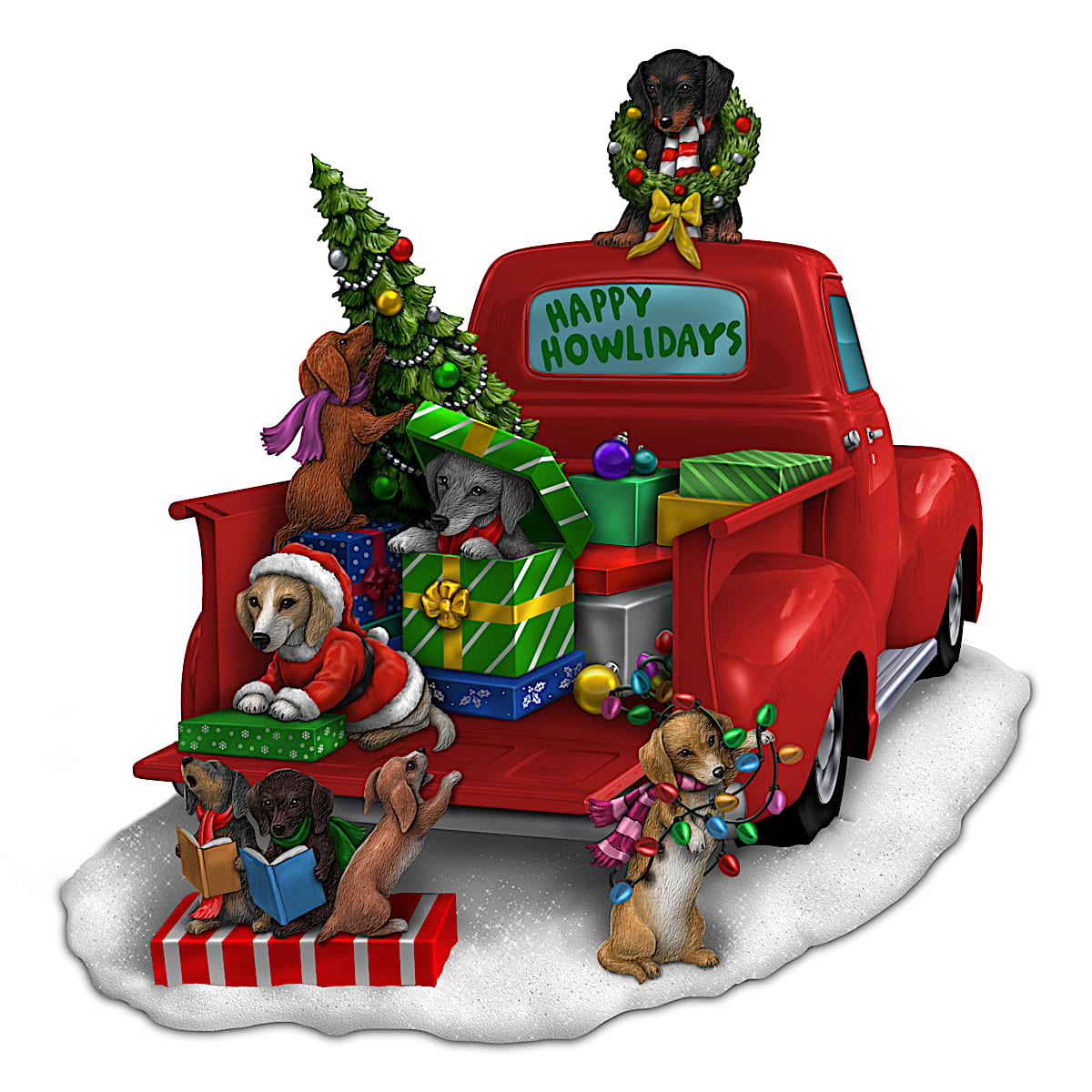 Happy Howlidays Figurine Featuring A Bright Red Vintage-Style Pickup Truck And 8 Festive Doxies ...
